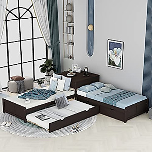 L Shaped Platform Bed with Trundle and Drawers Linked with Built-in Desk, Wooden Twin Bed Frame for 3 Kids Teens Adults, Espresso