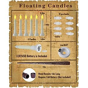 Amagic Batteries Included Floating Candles with Wand Remote, 12pcs Flickering Warm Light Flameless Taper Candles, Magic Hanging Candles with Base for Birthday Party, Halloween Decorations