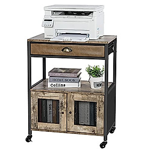 X-cosrack Printer Stand with Storage Cabinet, 3 Tiers End Table with Drawer and Doors, Movable Printer Table on Wheels for File Organization, Scanner, Fax Machine, in Home, Office, Retro Style