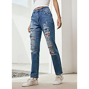 EVALESS Ripped Jeans for Women Plus Size Boyfriend Distressed Patchwork Print Democracy Mom Jeans 2025 Fashion Wide Leg Losse Baggy American Eagle Denim Pants with Hole Blue XX-Large
