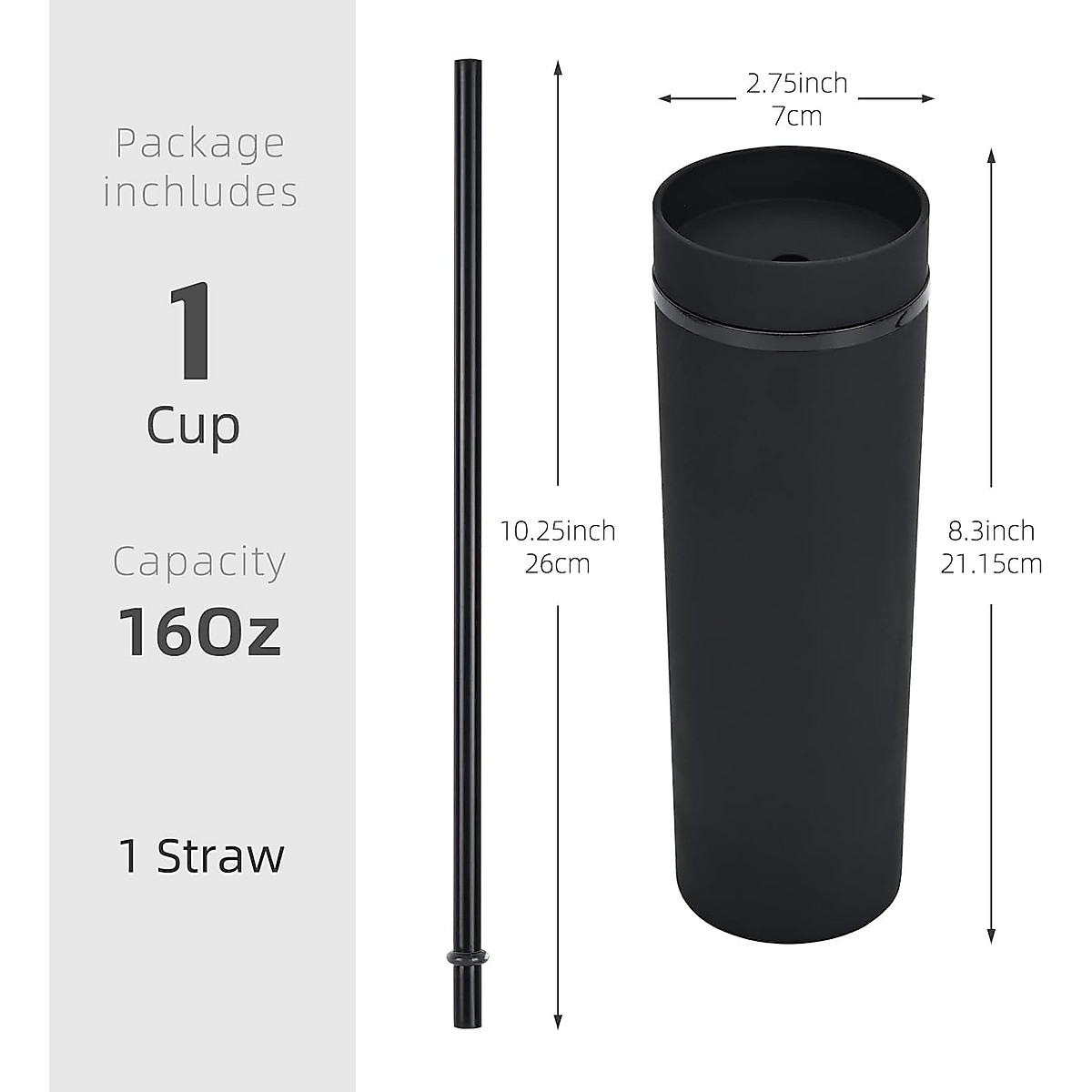 Futtumy Skinny Tumblers with Lids and Straws, 16Oz Matte Black Tumbler, Reusable Pastel Acrylic Tumblers, Double Wall Tumblers, Plastic Coffee Tumbler for Cold Hot Drinks, DIY Cups (Black, 1Pcs)