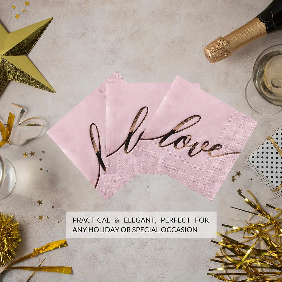 Andaz Press Pink with Rose Gold Scripted Love Saying Cocktail Napkins, Bulk 100-Pack Count 3-Ply Disposable Fun Beverage Napkins for Wedding, Bridal Shower, Bachelorette, Baby Shower, Valentine's Day