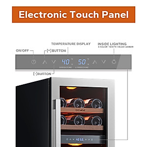 Ca'Lefort 15 Inch Wine Fridge, 28 Bottle Wine Cooler Refrigerator, 40-65°F Wine Refrigerator Glass Door, 3 LED Dual Zone Wine Fridge, Built-in or Freestanding Fridge for Home/Bar/Kitchen (3.0 cu.ft)