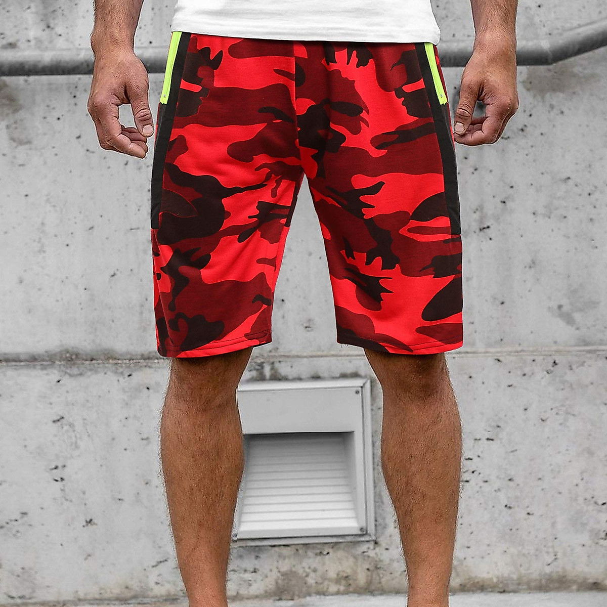 Men's Cargo Short Summer Casual Fitness Bodybuilding Camouflage Print Workout Shorts(Red, XXL)