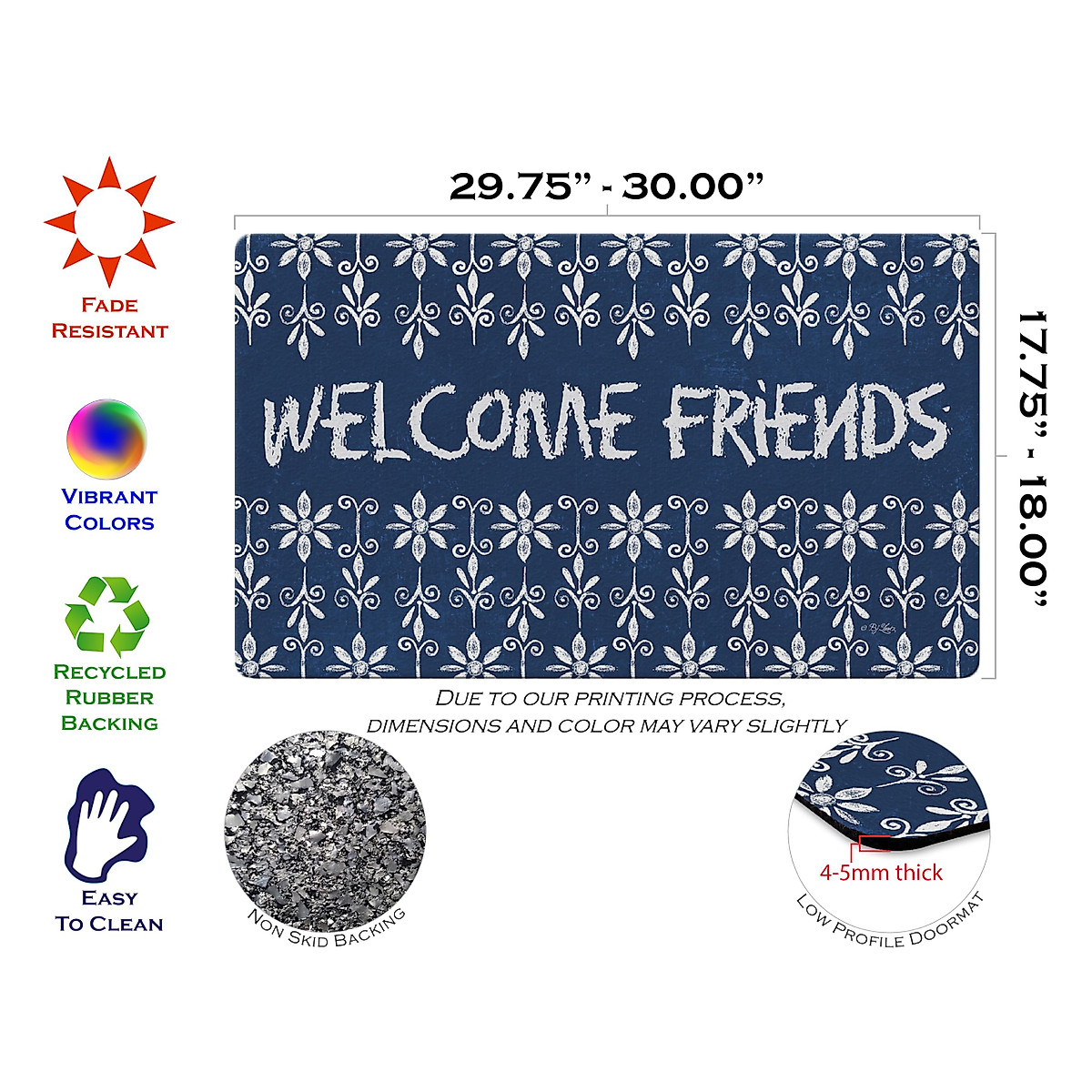 Toland Home Garden 800335 Chalk Flowers Welcome- Blue Welcome Door Mat 18x30 Inch Flower Outdoor Doormat for Entryway Indoor Entrance