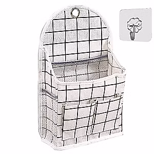 Wall Hanging Storage Bag, Waterproof Over The Door Closet Organizer Hanging Pocket Linen Cotton Organizer Box Containers for Bedroom, Bathroom, Kitchen, Office (Black Grid)