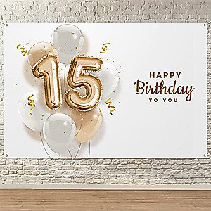 Happy 15th Birthday to You Backdrop Banner Decor White – Glitter Spots Balloons Happy 15 Years Old Birthday Party Theme Decorations for Girls Boys Supplies
