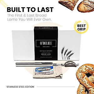 Stainless Steel Bread Lame in Gift Storage Box with Blade Protective Cover - The Most Advanced Design for Accurate Dough Scoring - 10 Premium Replaceable Blades - Built By Bakers, for Bakers