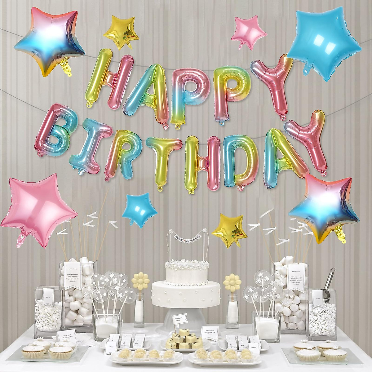 Happy Birthday Balloons Banner, Rainbow Happy Birthday Foil Balloons 16 Inch Mylar Foil Letter Balloons with 8 Pcs Gradient Blue Pink Star Balloons for Women Men Boys Girls Birthday Party Decorations