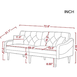 DNYN Convertible Sleeper Futon Sofa with 2 Pillows, Velvet Tufted Couch w/Metal Legs and Adjustable Backrest, for Apartment Office Small Space Living Room Furniture, Pink