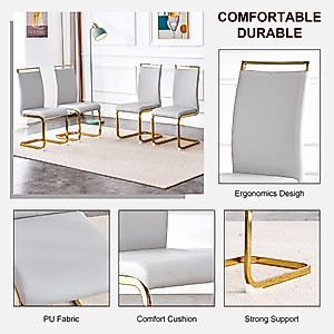 HAIZAO 79 inch Glass Dining Table Set for 8, Tempered Glass Tabletop with Golden Plated Metal Legs & Grey MDF Crossbars, PU Faux Leather Chairs with Golden Metal Legs, for Kitchen, Light Grey