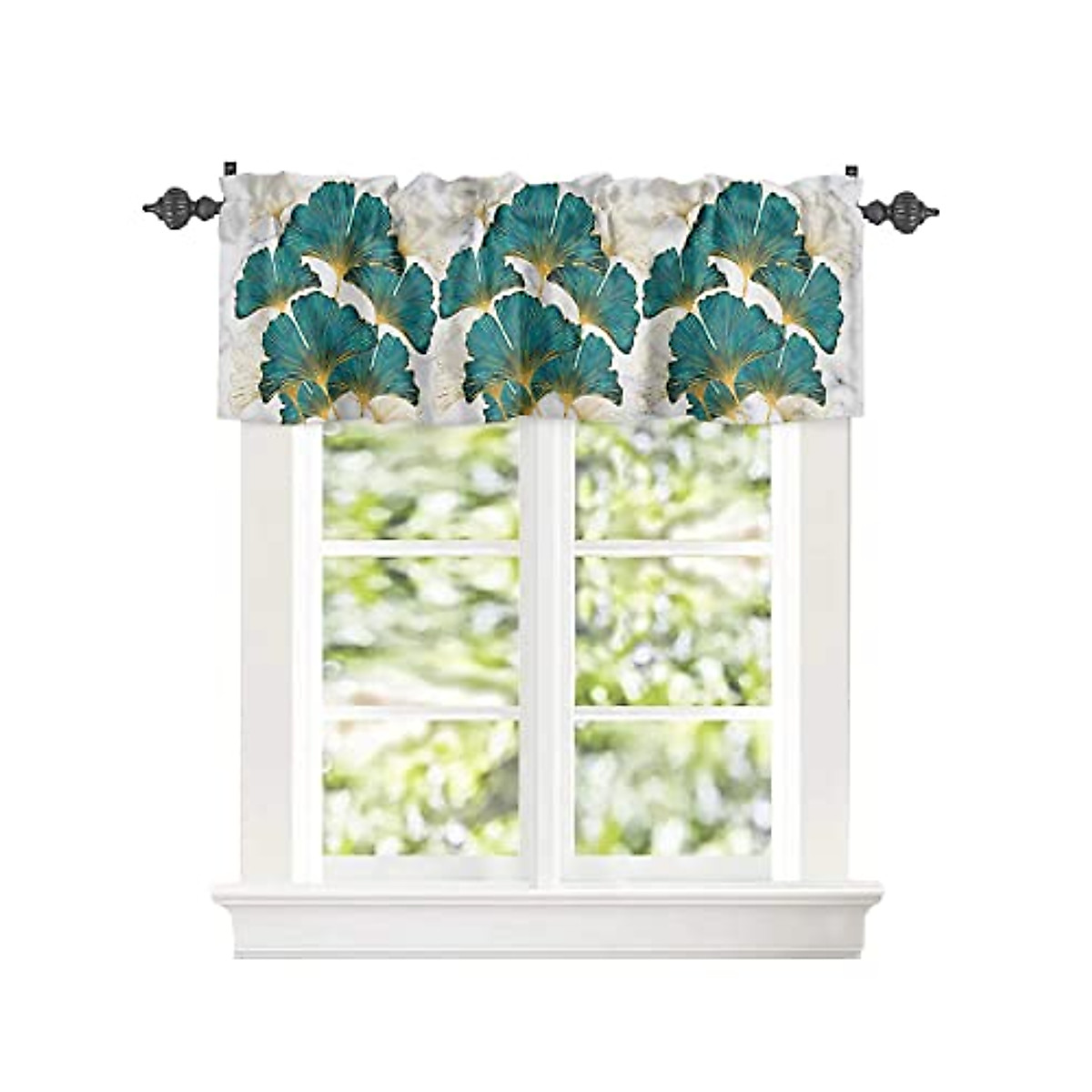 Teal Ginkgo Biloba Leaf White Marble Gold Stripes Valance Curtains for Kitchen Small Windows,Blackout Short Window Treatment Summer Leaves Rod Pocket Valance for Living Room Bedroom Decor,42"Wx12"L