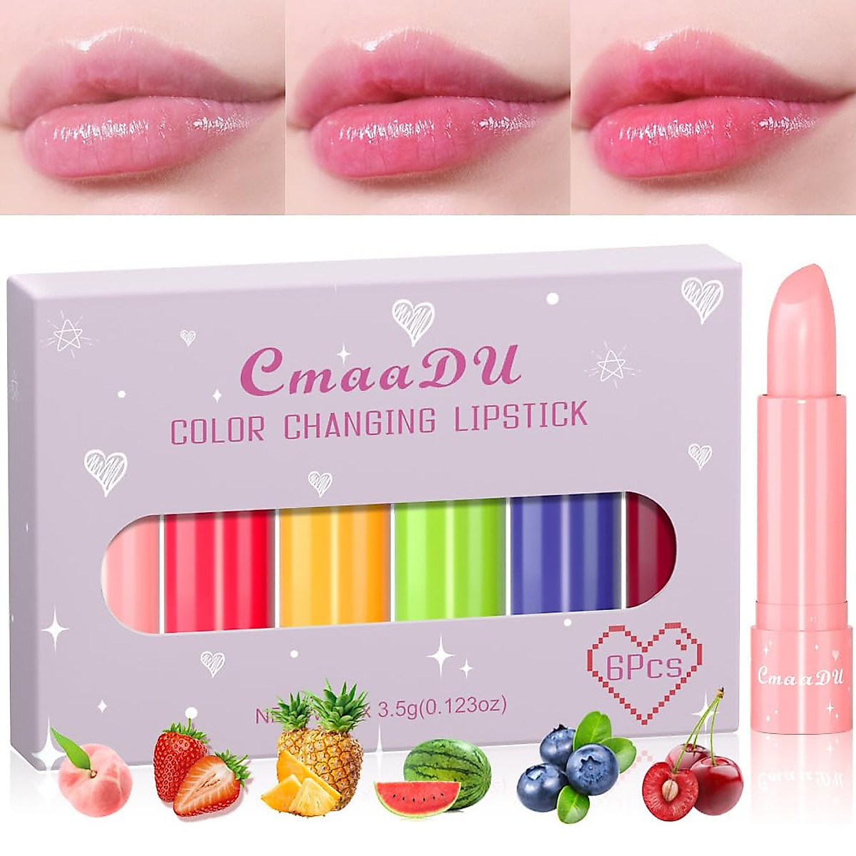 evpct 6Pcs Peach Strawberry Black Red Cherry Watermelon Blueberry Pineapple Tinted Lip Balms PH Lip Color Changing Lipstick Stain Set Queen for Women Girls Korean Mood Pink Lipstick Lip Tint Gloss