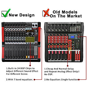 BOMGE X-8 Professional 8 Channel Audio Mixer Sound Board Mixing Console 8 Mic/Line Input Interface USB/MP3/Bluetooth Input 48V Phantom Power 24 FX DSP For PC, Studio Recording, Live Performance