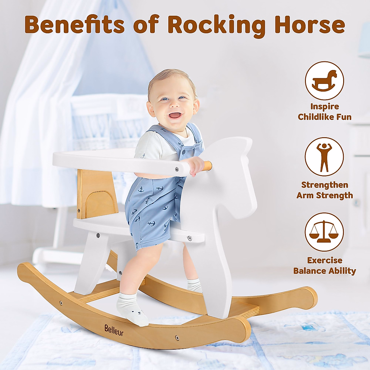 Belleur Wooden Rocking Horse for Toddler 1-3 Year Old, Baby Wood Ride-on Toys with Removable Fence for Indoor & Outdoor Activities, Boys & Girls Rocking Animal for Birthday Pink