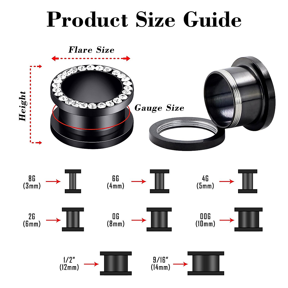 YOFANST 6pcs Stainless Steel Black Silver Rosegold Clear Crystal Gems Screw Back Ear Tunnels Gauges 00g