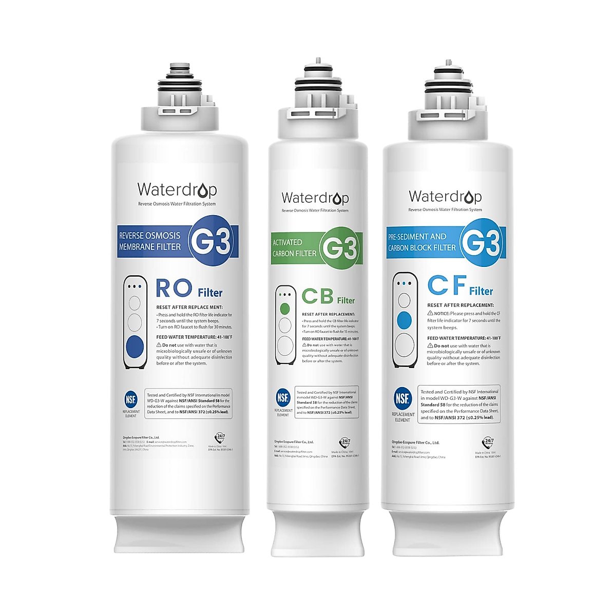 Waterdrop WD-G3-W Replacement Filter, Replacement for WD-G3-W Reverse Osmosis System, CF Filter + CB Filter + RO Filter, New Logo Design