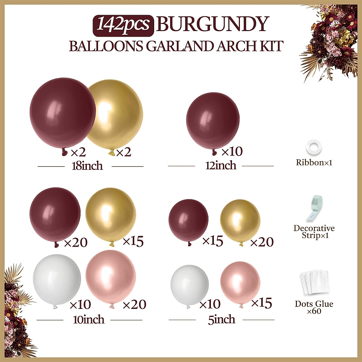 142pcs Burgundy Balloon Arch Garland Kit with Metallic Rose Gold Maroon Gold Balloons for Birthday Baby Shower Valentines Day Bridal Shower Wedding Engagement Bachelorette Party Decorations