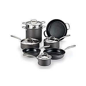 Lagostina Nera Hard Anodized Nonstick 12-Piece Cookware Set with Hammered Stainless Steel Lids, Dishwasher Safe,Grey