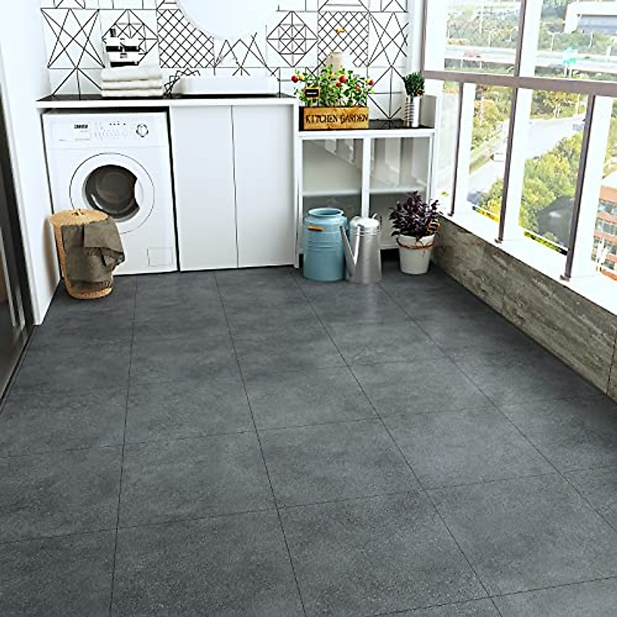 VEELIKE 12''x12'' Peel and Stick Floor Tile Grey Concrete Vinyl Floor Tile 24 Pack Stick on Tile Flooring Waterproof Self Adhesive Removable Grey Vinyl Floor Tile Sticker for Bathroom Bedroom Kitchen