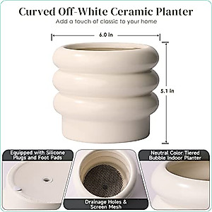JOFAMY Tiered Bubble Ceramic Plant Pot, Creamy White 6 Inch Ceramic Planter with Drainage Holes, Ceramic Flower Pot with Mesh Pad, Rubber Plugs, Ceramic Pots for Indoor Plants Outdoor, Modern Décor