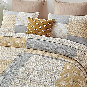 PANGUSHAN Quilt Set Queen Size,100% Cotton Queen Quilt Bedding Set Bedspread,Patchwork Yellow/Gray(Grey) Floral Reversible Quilt Set for Queen Bed,Lightweight Comforter Bed Spread,3 Pieces