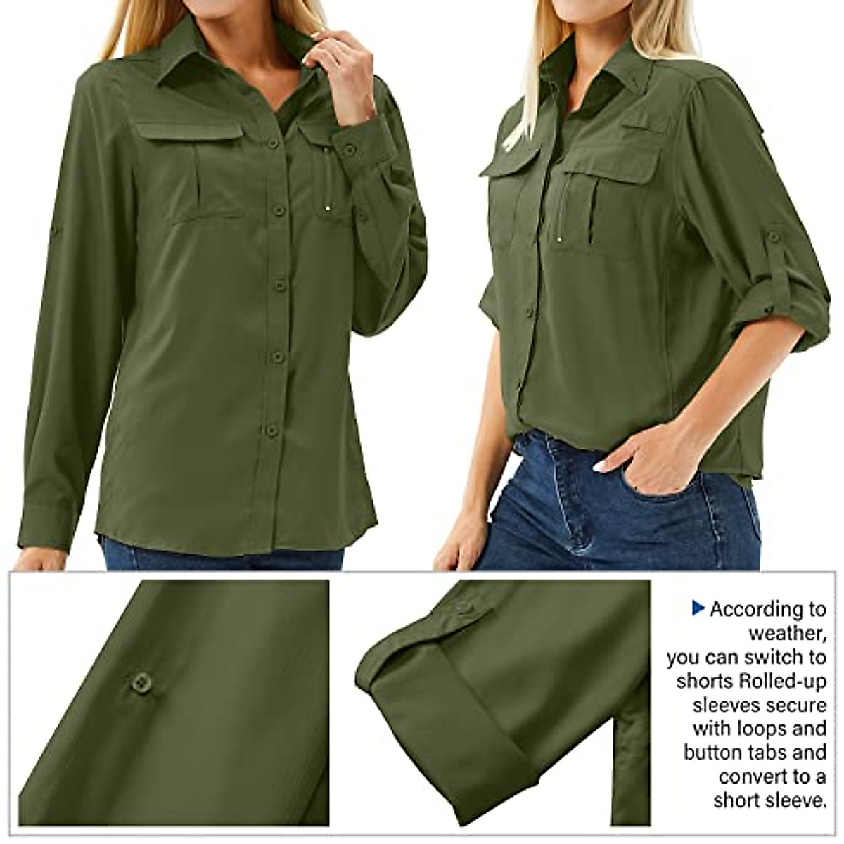 Toumett Women's UPF 50 Long Sleeve UV Sun Protection Safari Shirts Outdoor Quick Dry Fishing Hiking Travel Shirts(Amy Green,M,5071)