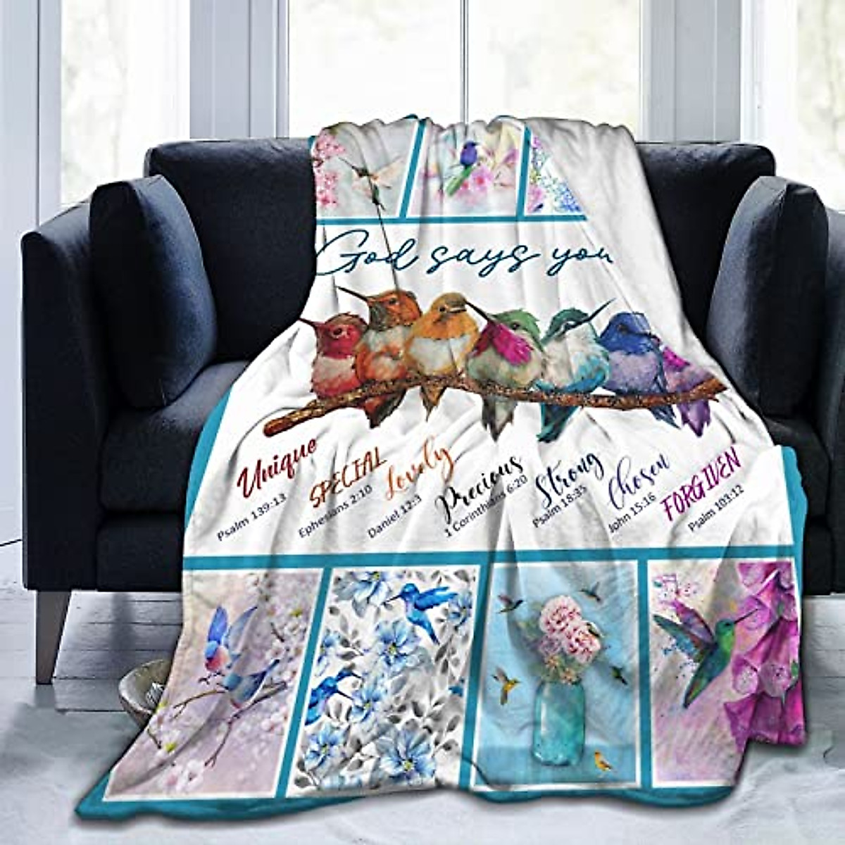 Hummingbird Blanket Hummingbird Bird Flower Throw Blanket Super Soft Flannel Cozy God Say You are Unique Blanket Warm Lightweight Plush Fleece Blankets for Sofa Couch Bed Gift for Kids Adults 50"x40"