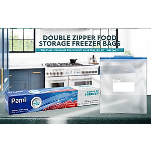 PAMI Double Zip, Extra-Thick Freezer Gallon Bags [10 Pieces] - Leakproof Freshness-Lock Food Storage Bags With Expandable Bottom- Food-Safe Zipper Bags With Freezer Shield Technology- Reusable