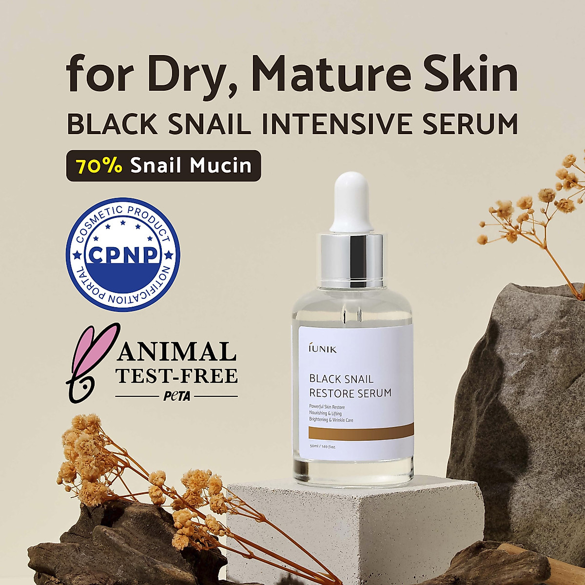 IUNIK Black Snail Serum 70% w/Centella Asiatica Essence | Hydration Dark Spots Fine Lines | Oily Sensitive Acne-Prone Skin Korean Skincare No Pore Clogging