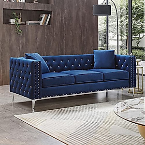mikibama Velvet Sofa with Jeweled Buttons and Square Arms 82.3 Inch Tufted Couch with Trimmed Nailhead and Metal Legs 3 Person Couch with 2 Pillows for Living Room, Bedroom and Office (Blue)