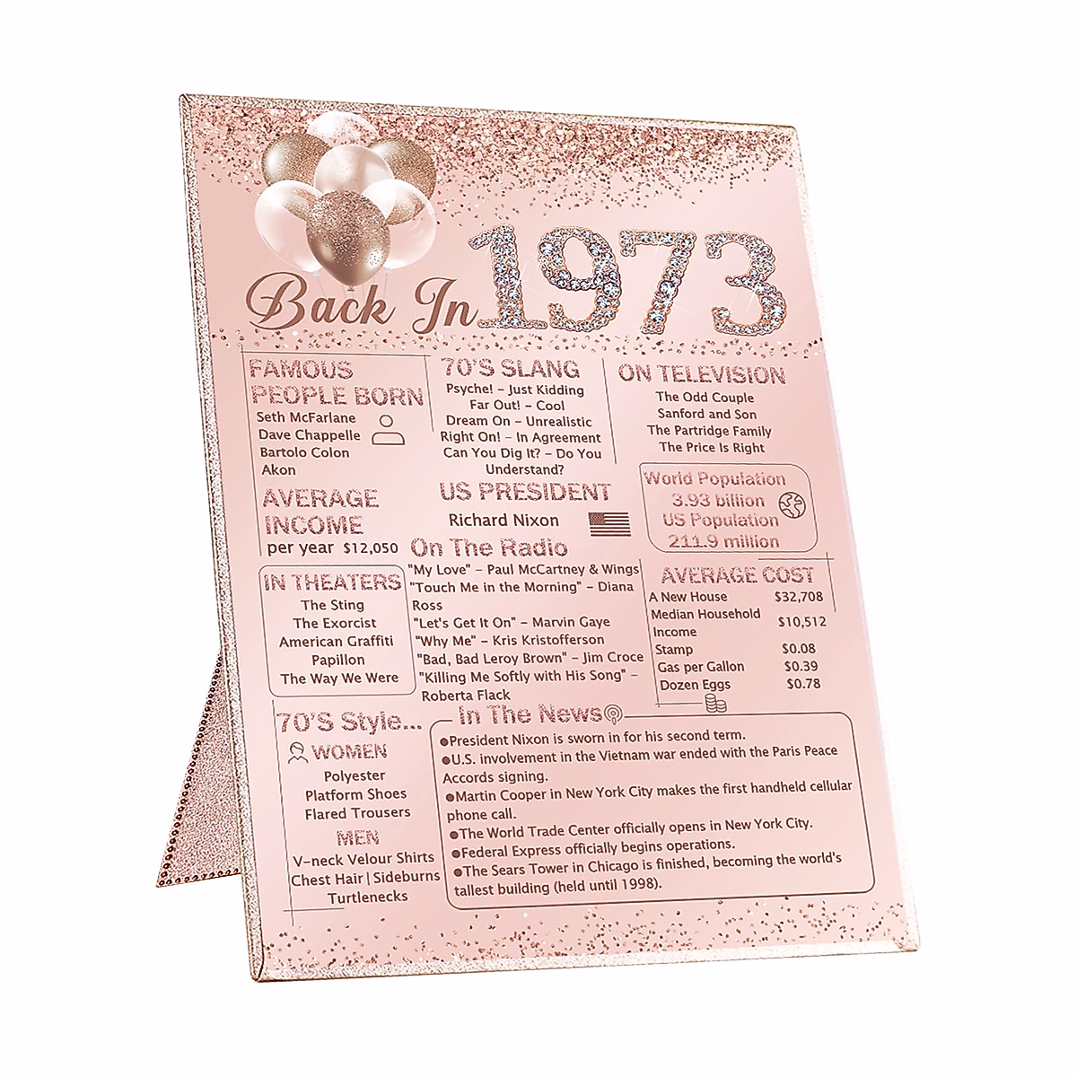 Vlipoeasn Pink 51st Birthday Anniversary Table Decoration 1973 Poster for Women, Rose Gold Back in 1973 Table Sign with Stand, 51 Year Old Birthday Party Centerpieces Gift Supplies
