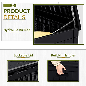 GUNJI 100 Gallon Resin Deck Box with Cushion,Outdoor Weatherproof Large Storage Box,Lockable Storage Container for Patio Furniture,Garden Tools,Pool Supplies (Black)