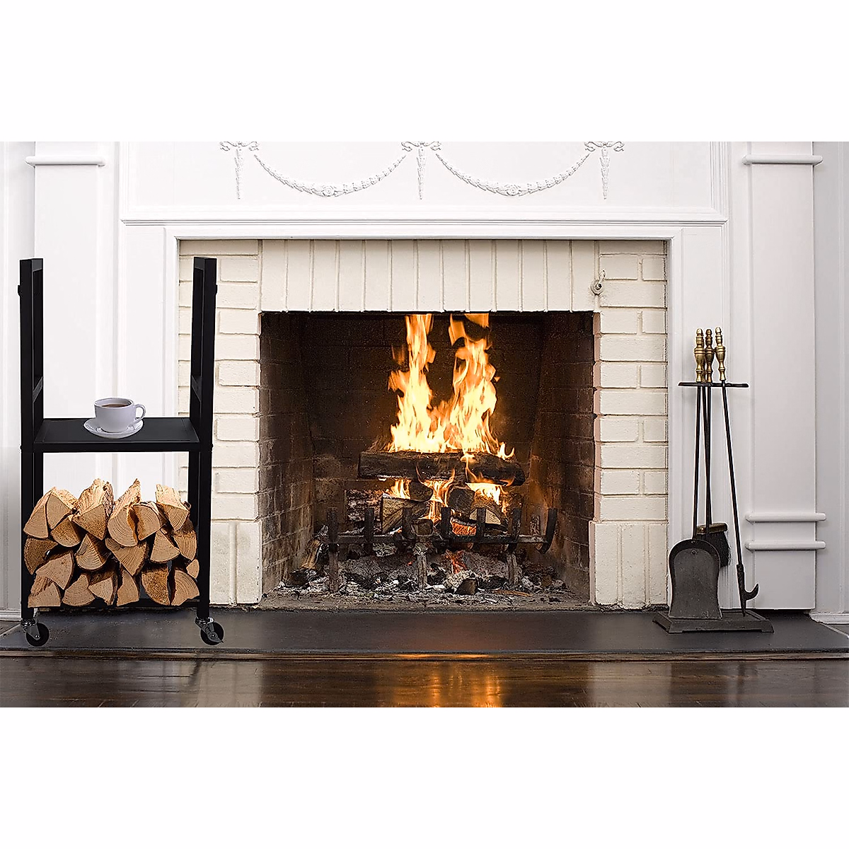 RINLAIN Firewood Rack Outdoor Log Rack with Hooks Holder and Wheels, Stand Firewood Rack Indoor (15.6 x 11.7 x 31.5, Black)