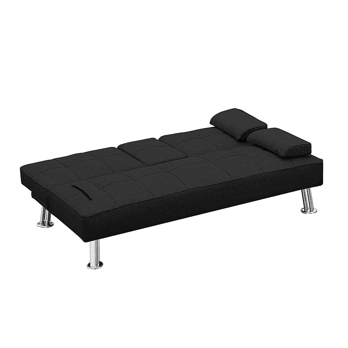 Eafurn Convertible Futon Sofa Cup Holders,Adjustable Sleeper Loveseat Couch,61.42" Linen Home Recliner Reversible Folding Daybed Guest Bed w/Removable Pillow-Top Armrests,Chromed Metal Legs, Black