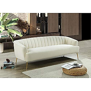 Meridian Furniture Tori Collection Modern | Contemporary Velvet Upholstered Sofa with Deep Channel Tufting and Ball Designed Custom Gold Legs, 84.50" W x 31.5" D x 29.75" H, Cream