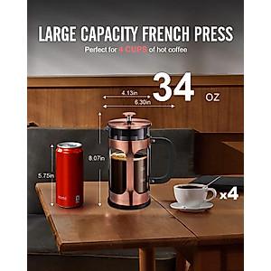 BAYKA French Press Coffee Maker, Glass Classic Copper 304 Stainless Steel Coffee Press, Cold Brew Heat Resistant Thickened Borosilicate Coffee Pot for Camping Travel Gifts, 34 Ounce