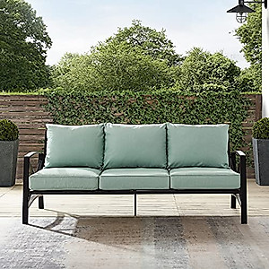 Crosley Furniture Kaplan Outdoor Sofa with Steel Frame, 3-Person Patio Couch for Porch, Deck, Backyard, Oiled Bronze with Mist Cushions