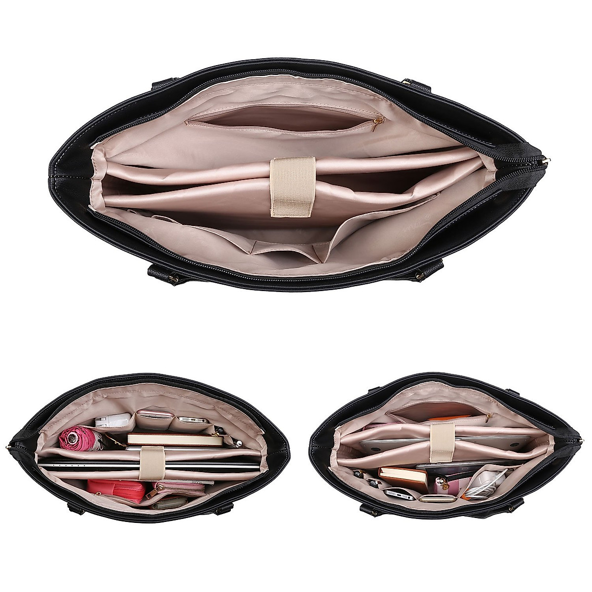 NNEE Classic Laptop Leather Tote Bag for 15 15.6 inch Notebook Computers Travel Carrying Bag with Smart Trolley Strap Design - Black