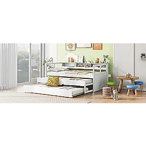 Epinki Twin XL Wood Daybed with 2 Trundles, 3 Storage Cubbies, 1 Light for Free and USB Charging Design, White, Kids Bed