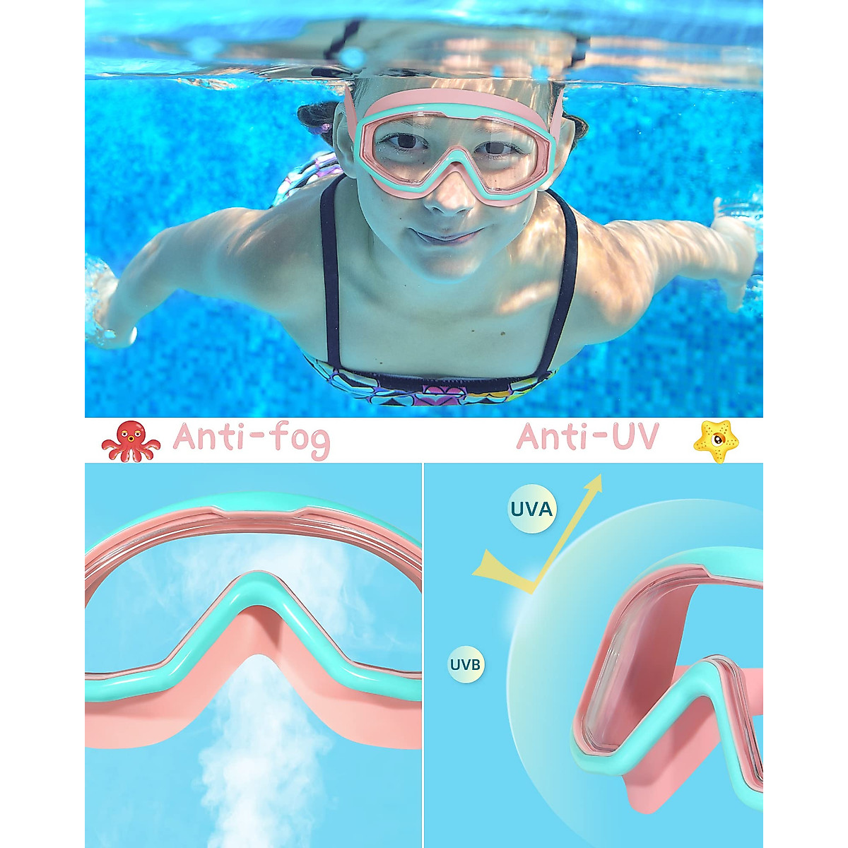 Water Space 2 Pack Swim Goggles Swimming Goggles for Kids Youth Girls Boys Aged 3-6 4-7 6-14 8-12, Toddler Goggles Anti-fog Waterproof Clear Anti-fog Wide Vision, Pool Underwater Goggles No-Leaking