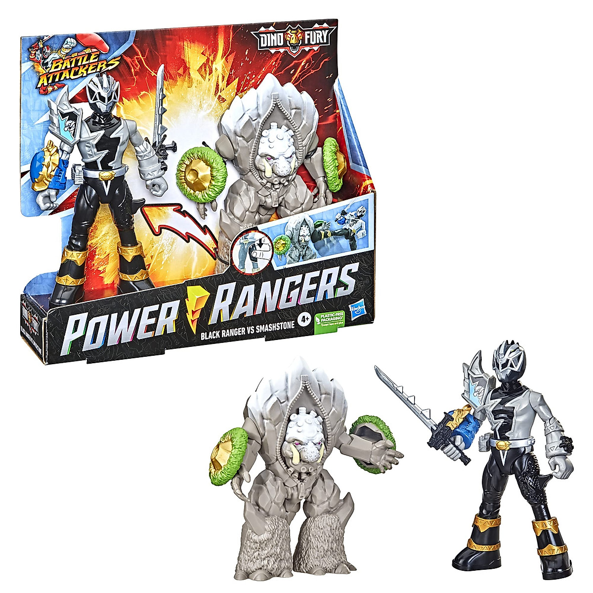 Power Rangers Dino Fury Battle Attackers 2-Pack Black Ranger vs. Smashstone Kicking Action Figure Toys, TV Inspired Accessory Ages 4 and Up
