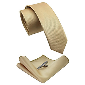 JEMYGINS 2.4" Gold Skinny Tie and Pocket Square with Tie Clip Silk slim Necktie Sets for Men