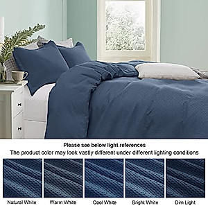 PHF Waffle Duvet Cover Queen Size, Ultra Soft Cotton Blend Comforter Cover Set, Comfy Breathable and Decorative Duver Cover Set with Pillow Shams Bedding Collection, 90"x90", Navy Blue