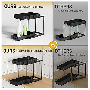 Delamu Under Sink Organizers and Storage, 2 Pack Pull Out Kitchen Bathroom Cabinet Organizer, 2 Tier Black Under Sink Storage for Bathroom Kitchen, Under Counter Storage Organizer with 8 Hooks