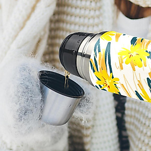 Stainless Steel Leather Vacuum Insulated Mug Yellow Flower Thermos Water Bottle for Hot and Cold Drinks Kids Adults 16 Oz