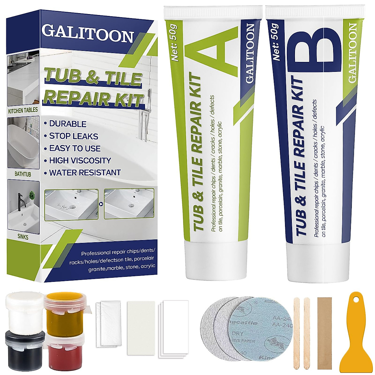 Porcelain Repair Kit, Fiberglass Tub Repair Kit, Shower Sink, Bathtub and Countertop Tile Repair Kit, Repair Chips Dents Cracks Scratches from Ceramic, Marble, Quartz, Resin, Acrylic (White)