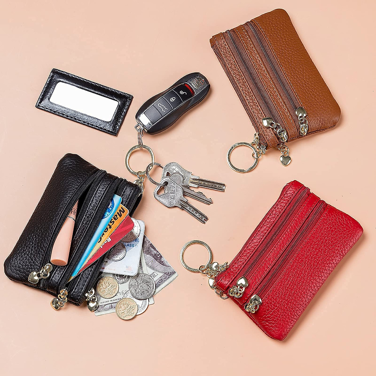 imeetu Genuine Leather Coin Purse Keychain for Women, Small Change Purse for Coins, Coin Pouch Wallet with 4 Zippered Pockets, a Mini Mirror (Barbie Red)