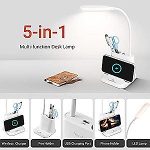 NovoLido LED Desk Lamp with Wireless Charger, Small Desk Light with 10W Quick Adapter, USB Charging Port, Pen Holder, Small Flexible Portable Lamp for Kids, Home, Office, Dorm, Bedside