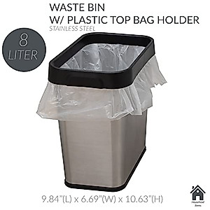 Bath Bliss 8 Liter Stainless Steel Waste Bin | Detachable Rim Hold Bag in Place | Bathroom Garbage | Office Trash Can | Rectangular Wastebasket